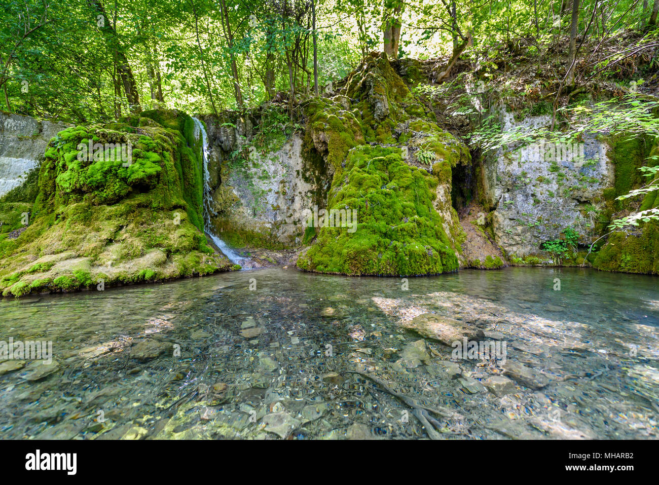 Guetersteiner Waterfall of Bad Urach, Swabian Alb, Baden-Wuerttemberg ...