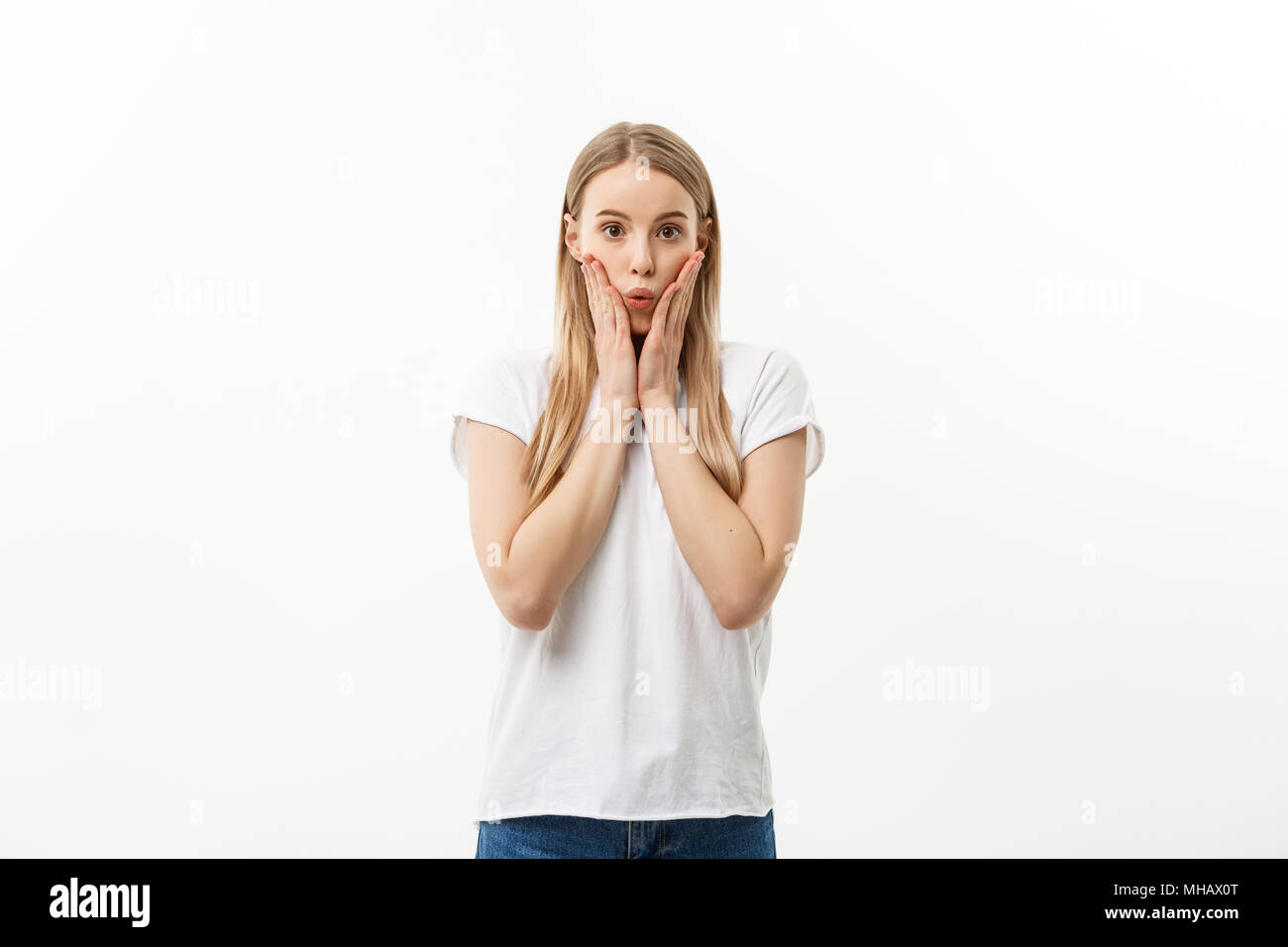 Lifestyle Concept: Portrait of a scared frightened girl standing and ...