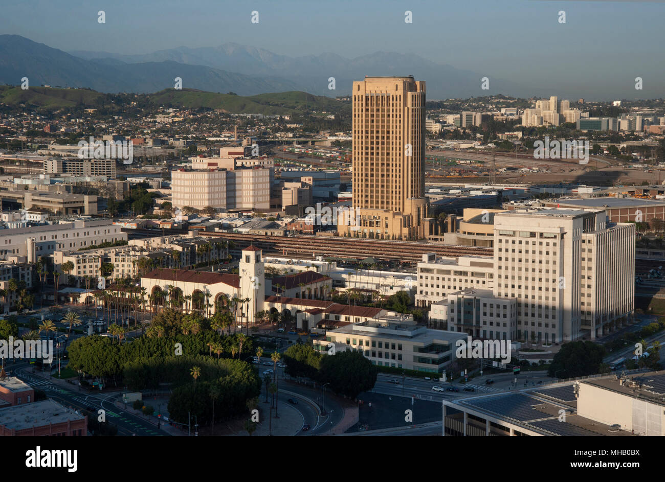 Aerial view east from City Hall of Union Station in downtown Los ...