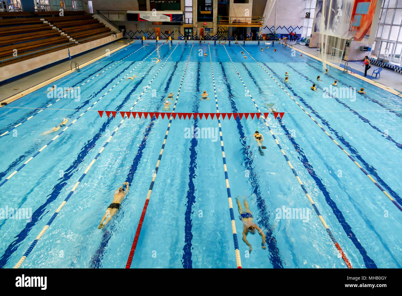 Indoor swimming pool in sport club. Swimming and aqua aerobics training ...