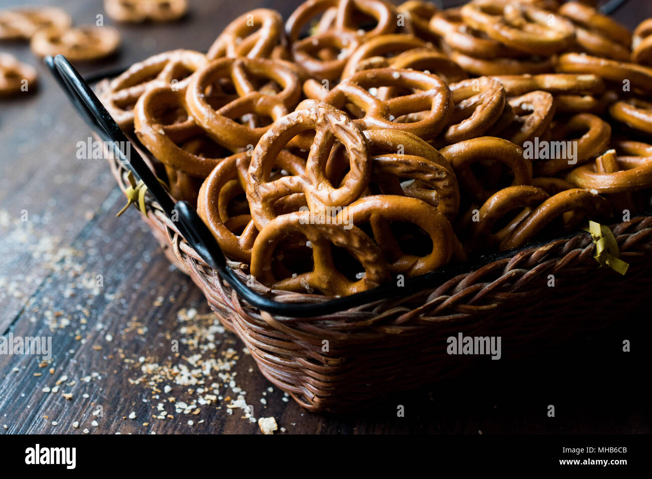 Organic Brown Mini Salty Pretzel Crackers in Wooden Basket. Traditional ...