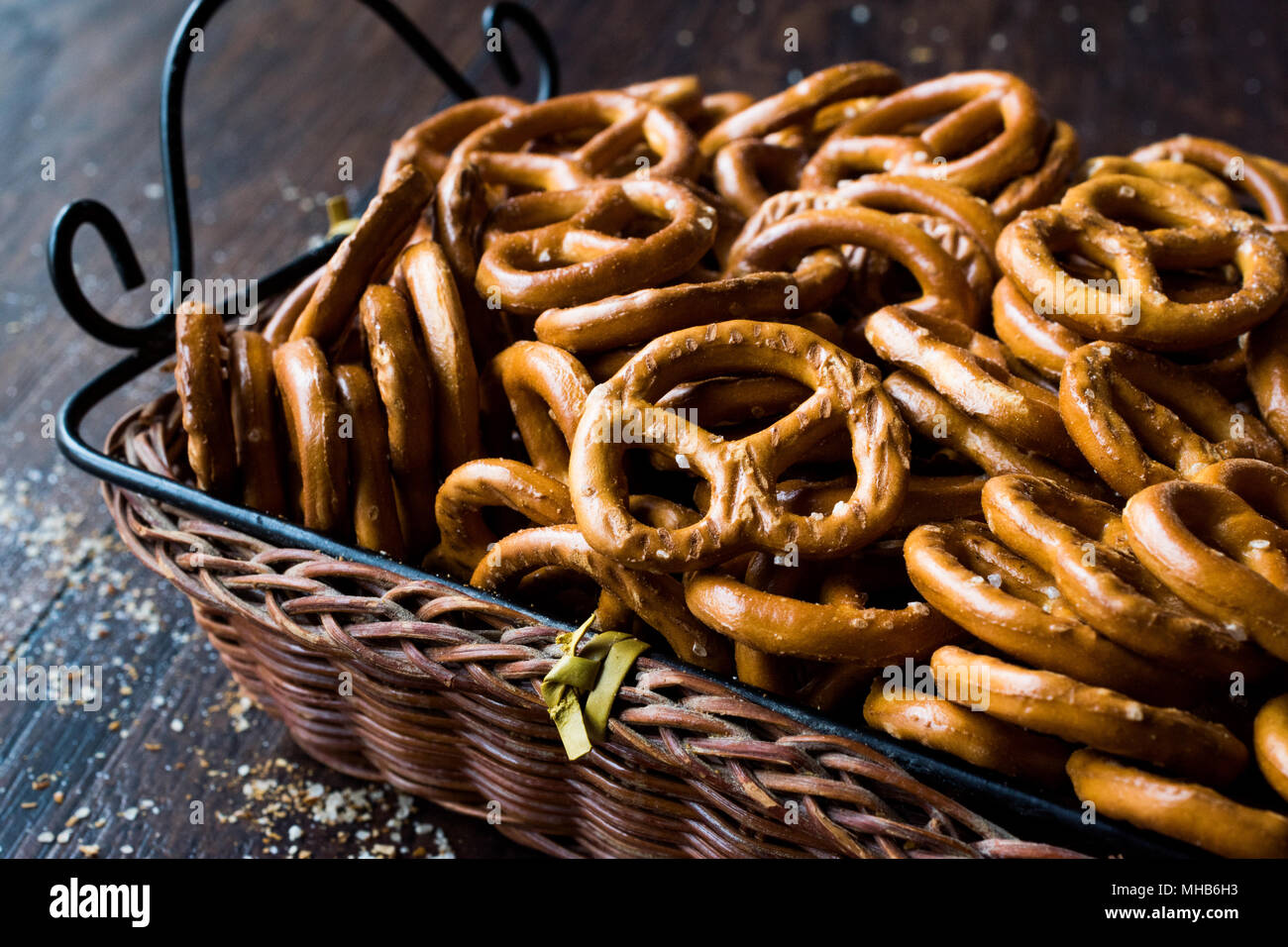 Organic Brown Mini Salty Pretzel Crackers in Wooden Basket. Traditional ...