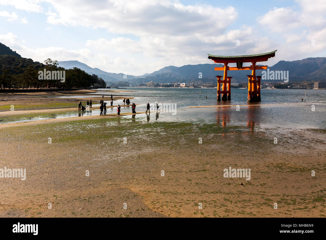 Miyajima, Japan. Tourists walking near the Floating Tori Gate of ...
