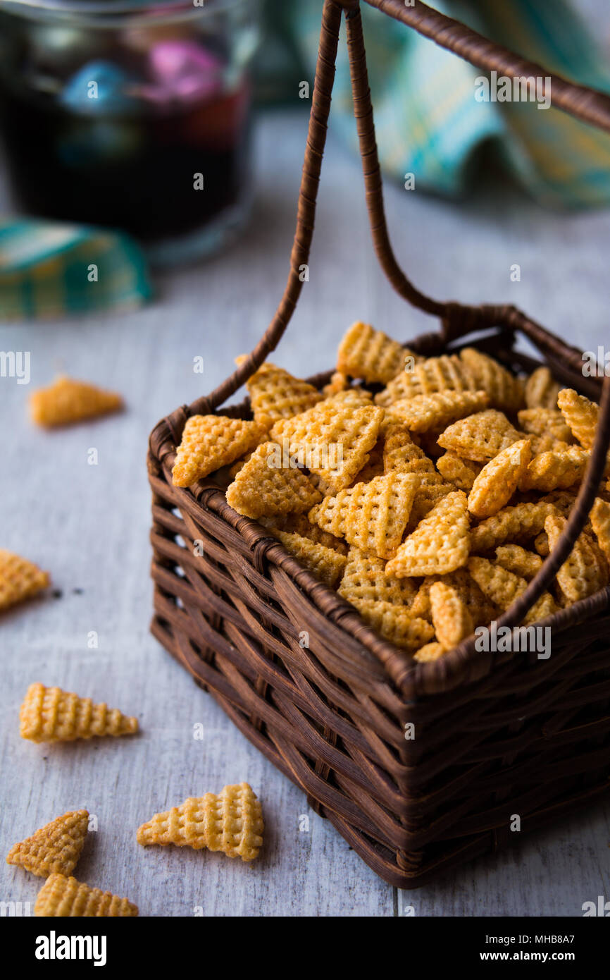 Chips (Snacks) and Beverage on a white wooden surface. (Party Style ...