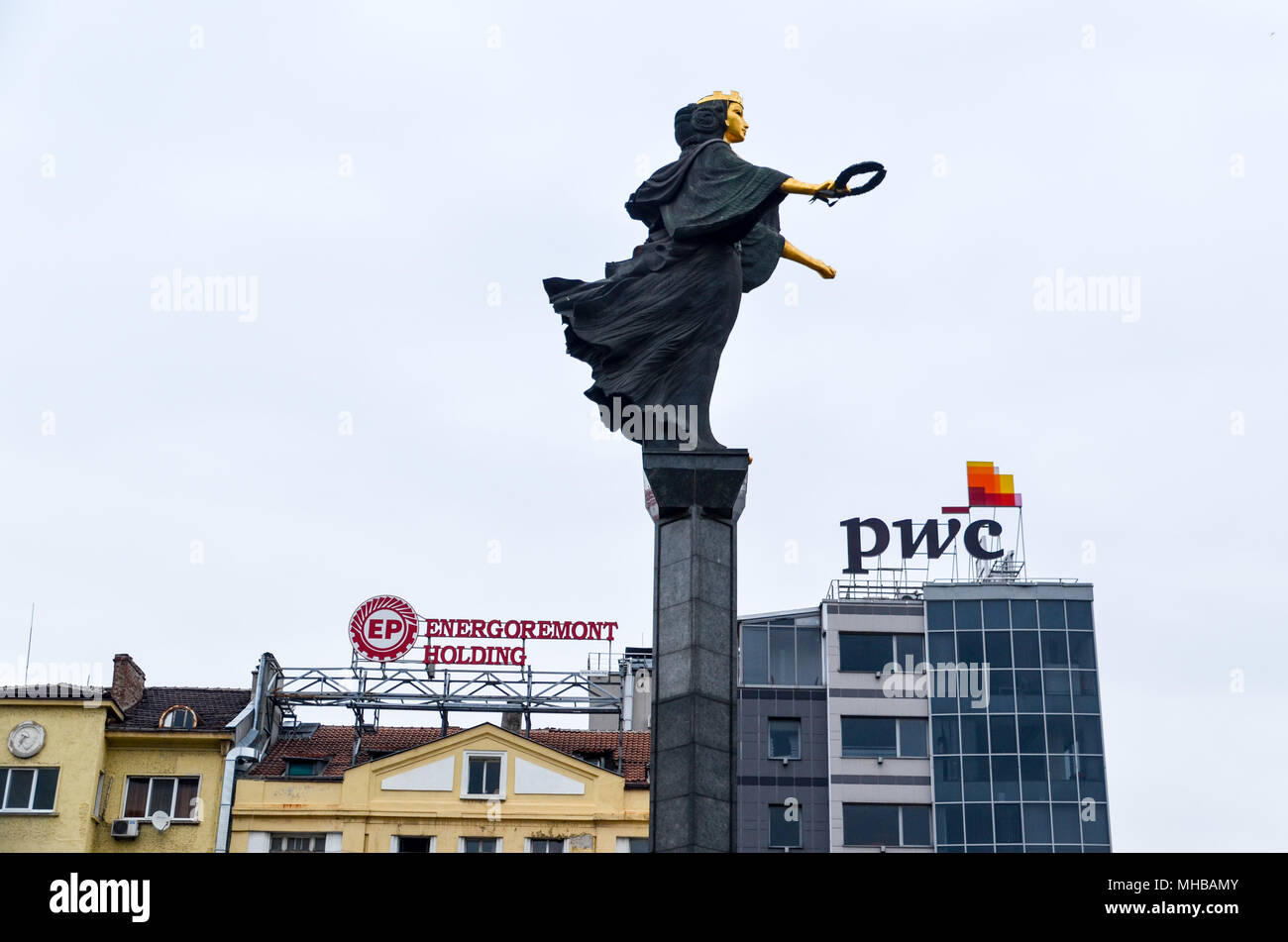 Sveta Sofia statue in Serdika, Sofia, Bulgaria, with the PWC building ...