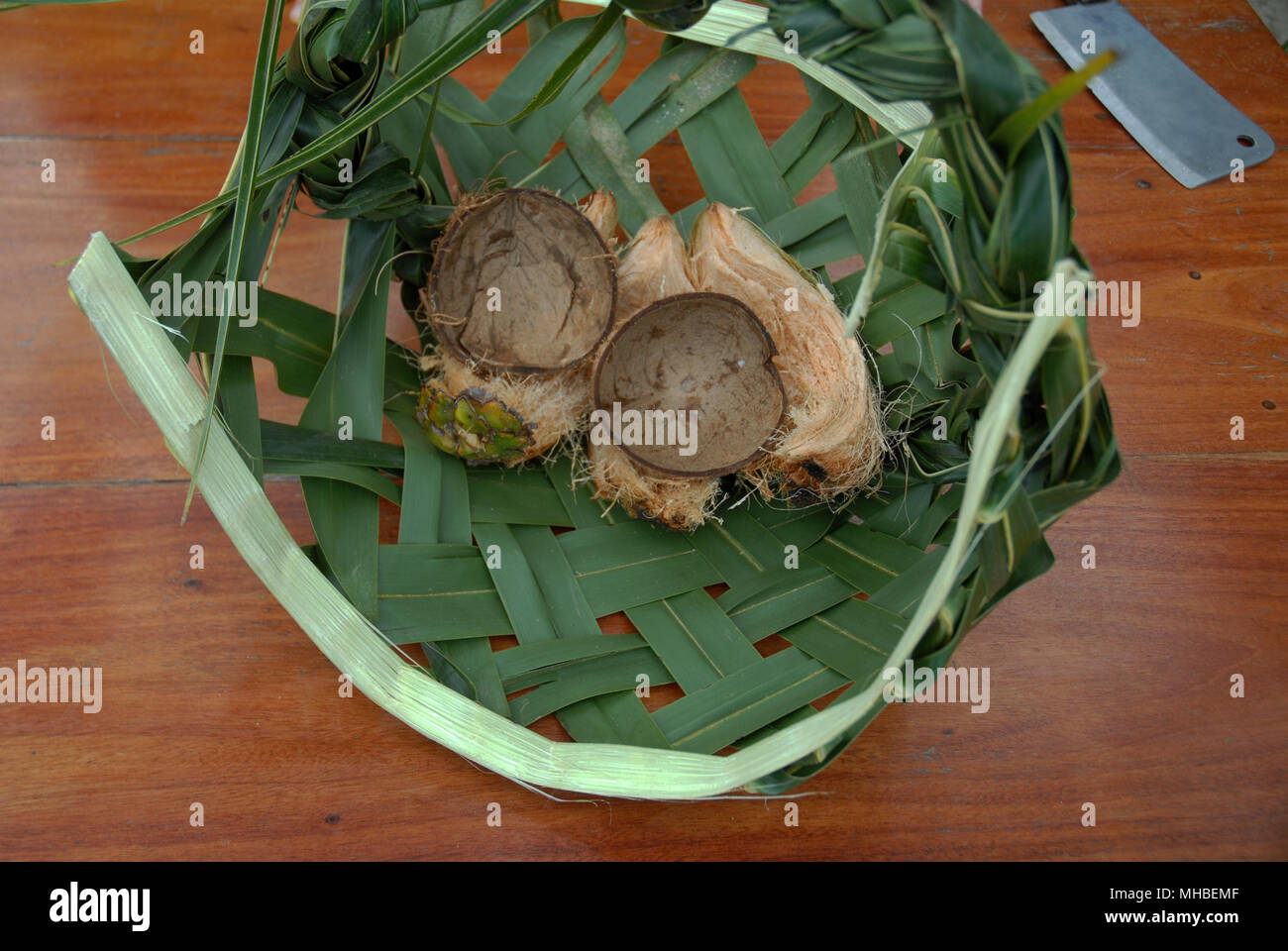 Woven Basket made from coconut palm leaves, Pacific Harbour, Fiji Stock ...