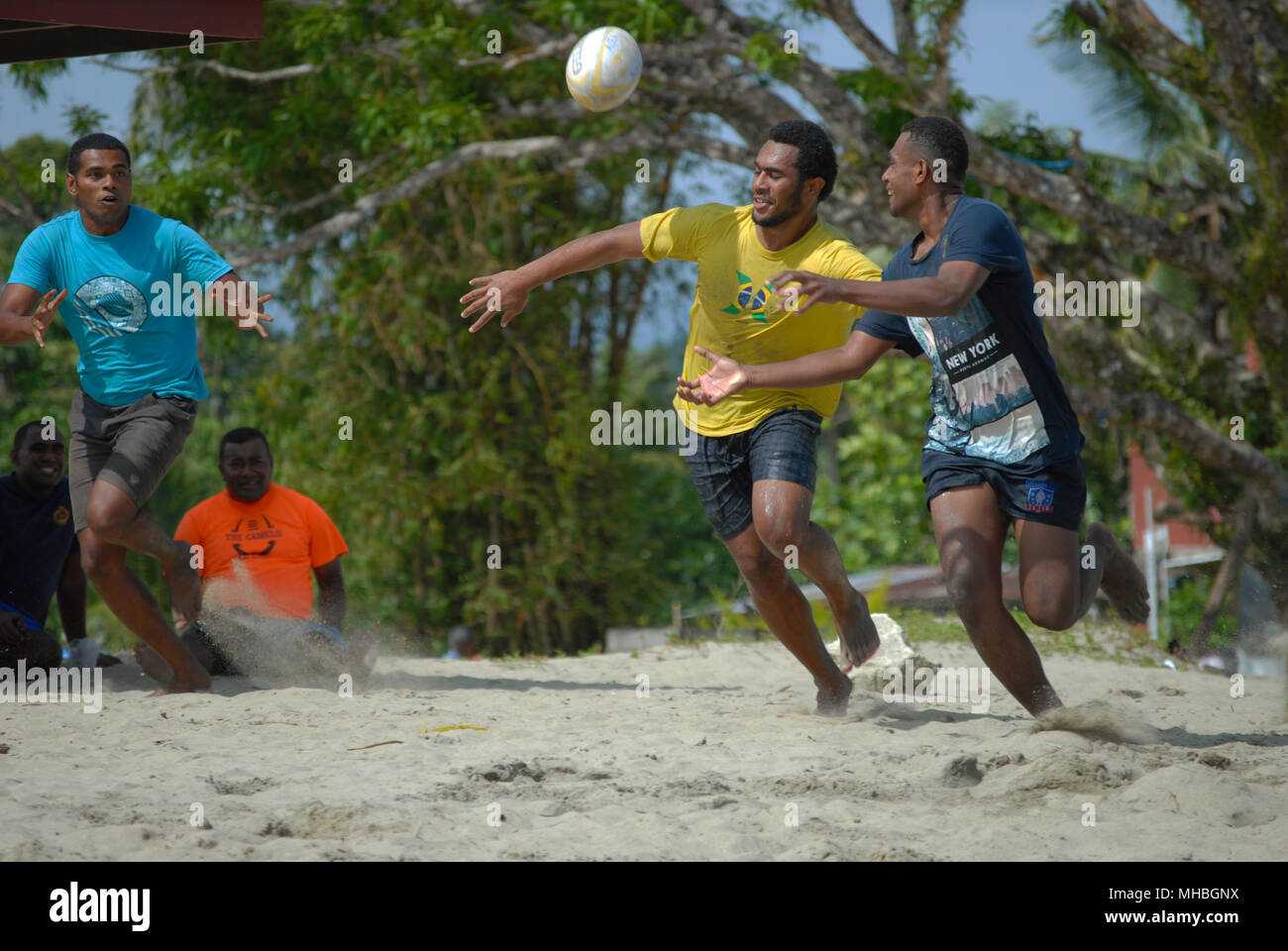 Fijian men playing rugby on Palm Beach, Pacific Harbour, Fiji Stock ...