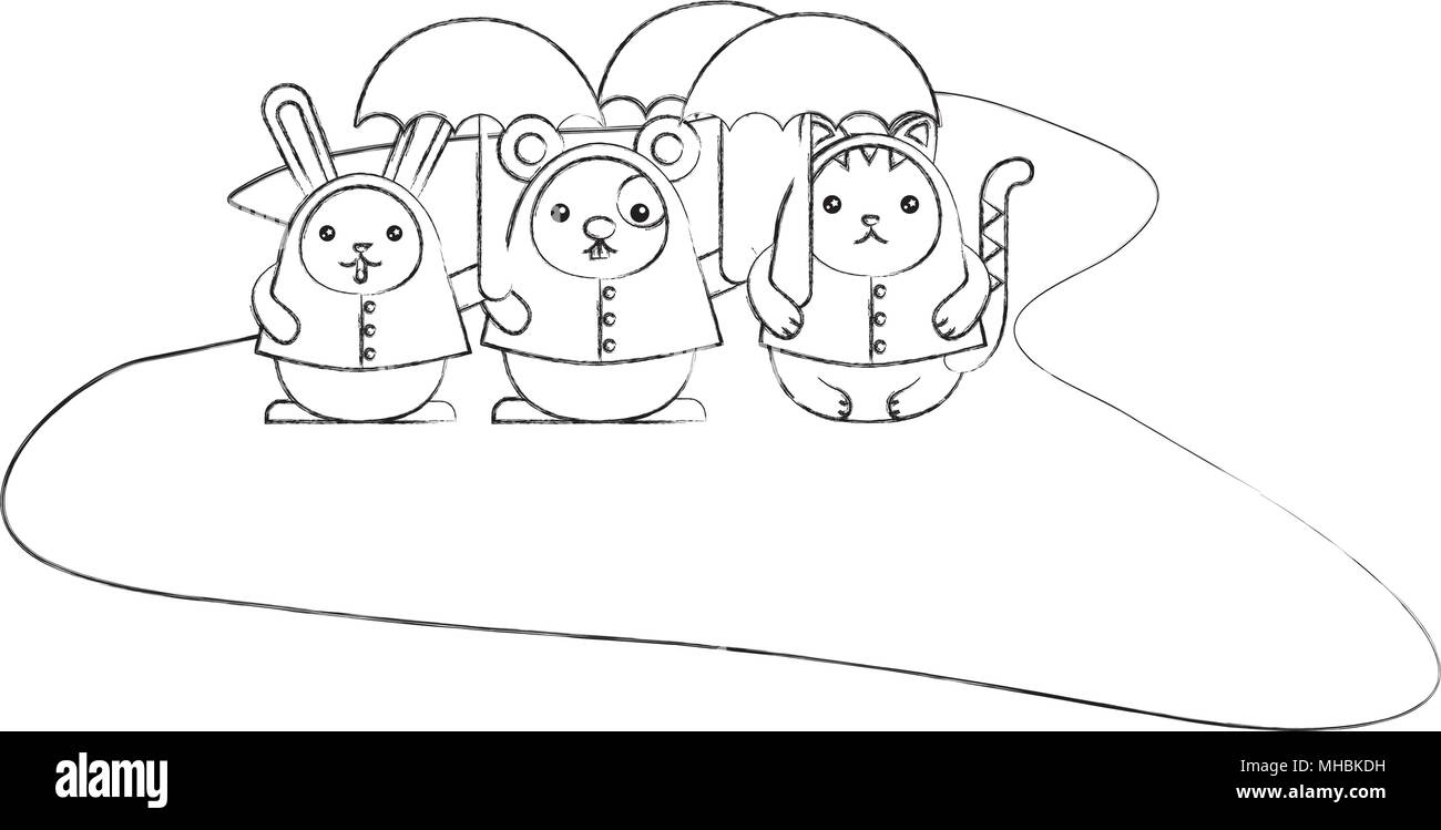 cute kawaii rabbit cat and mouse with umbrellas vector illustration ...