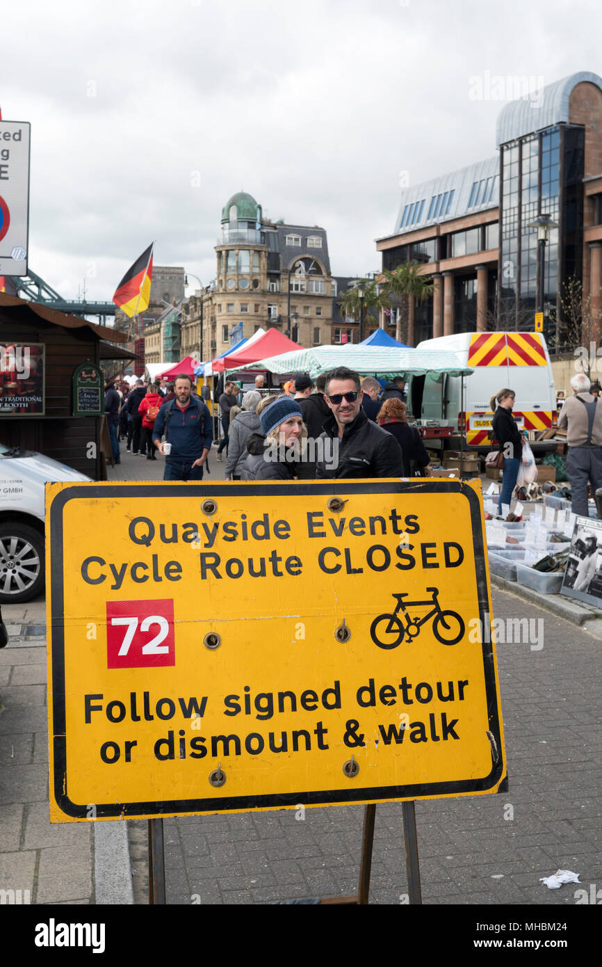 Cycle route closed sign, Newcastle Quayside market, north east England ...