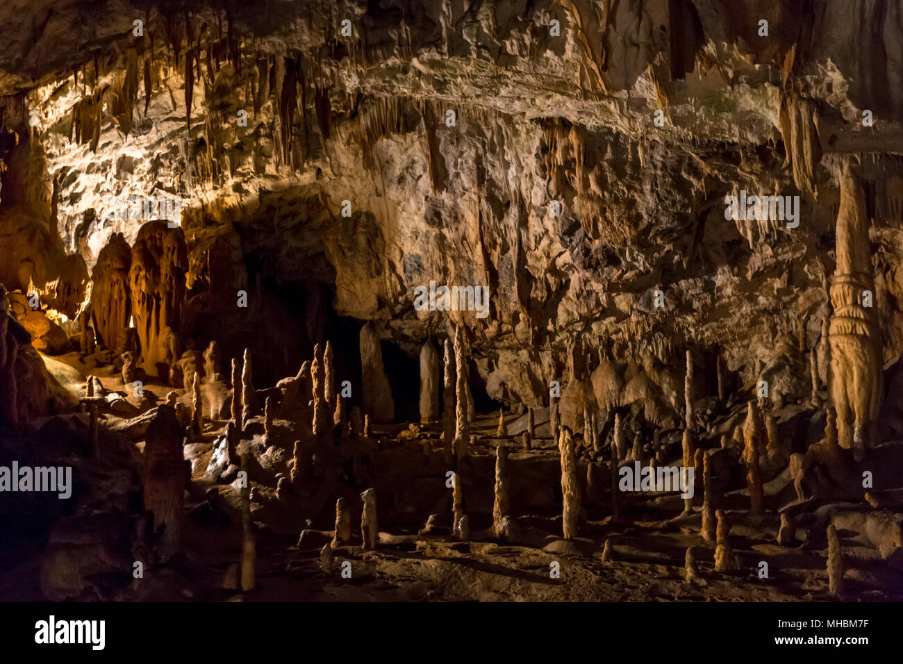 Postojna cave, Slovenia. Formations inside cave with stalactites and ...