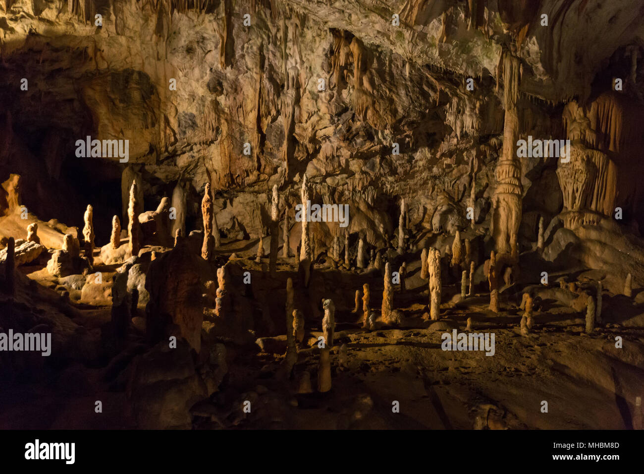 Postojna cave, Slovenia. Formations inside cave with stalactites and ...