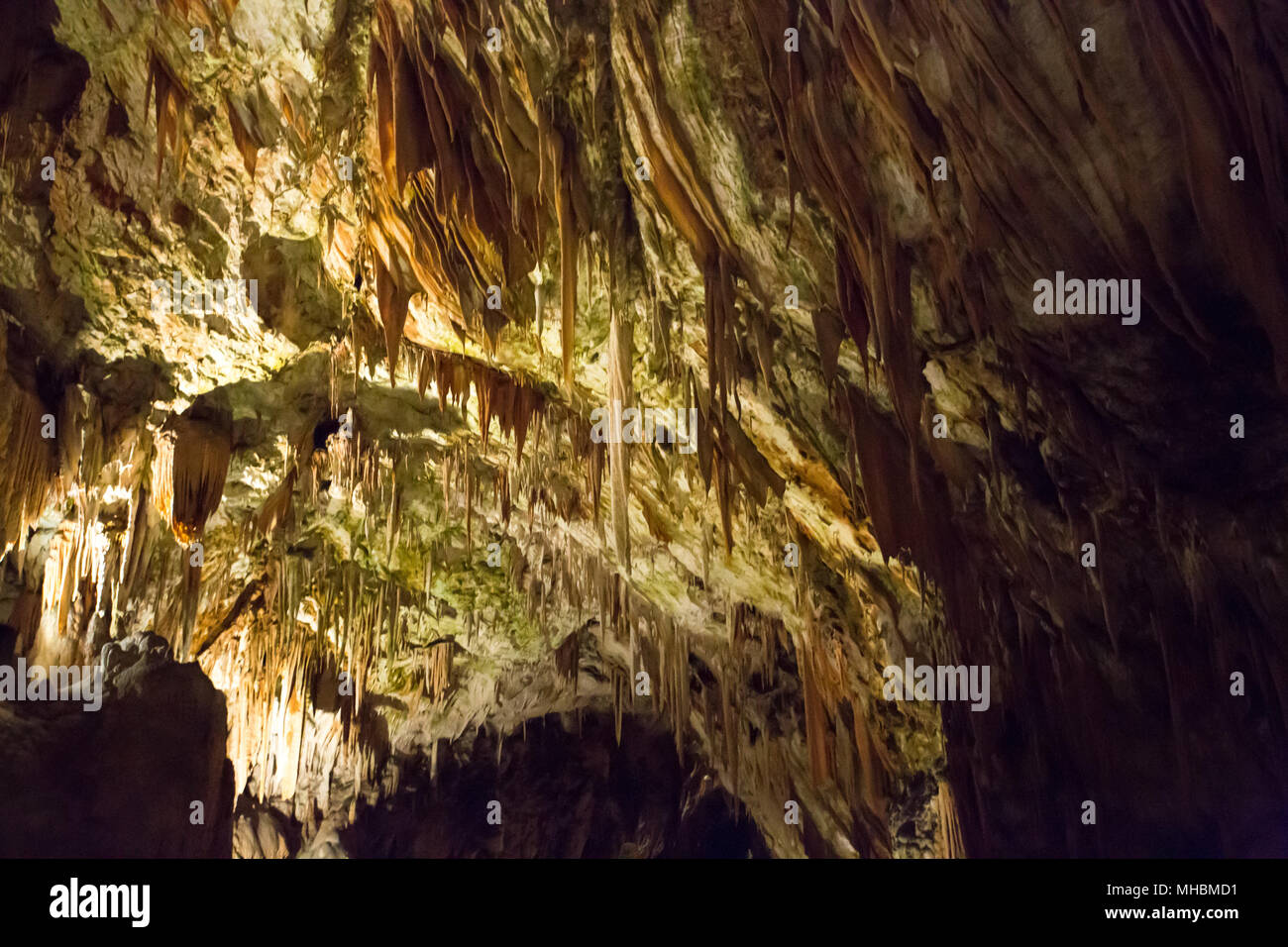 Postojna cave, Slovenia. Formations inside cave with stalactites and ...