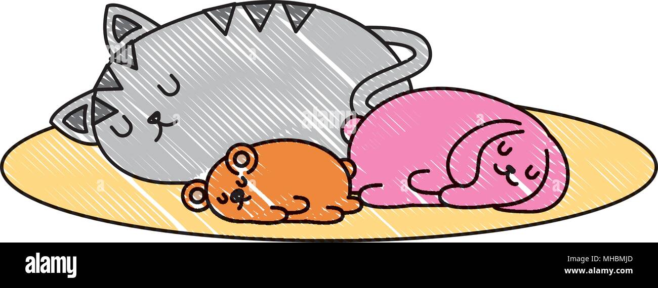 cute hamster with rabbit and cat sleeping kawaii character vector ...