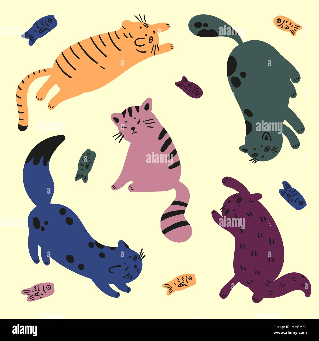 Five colorful cats are playing with fish. Catfood Stock Vector Image ...