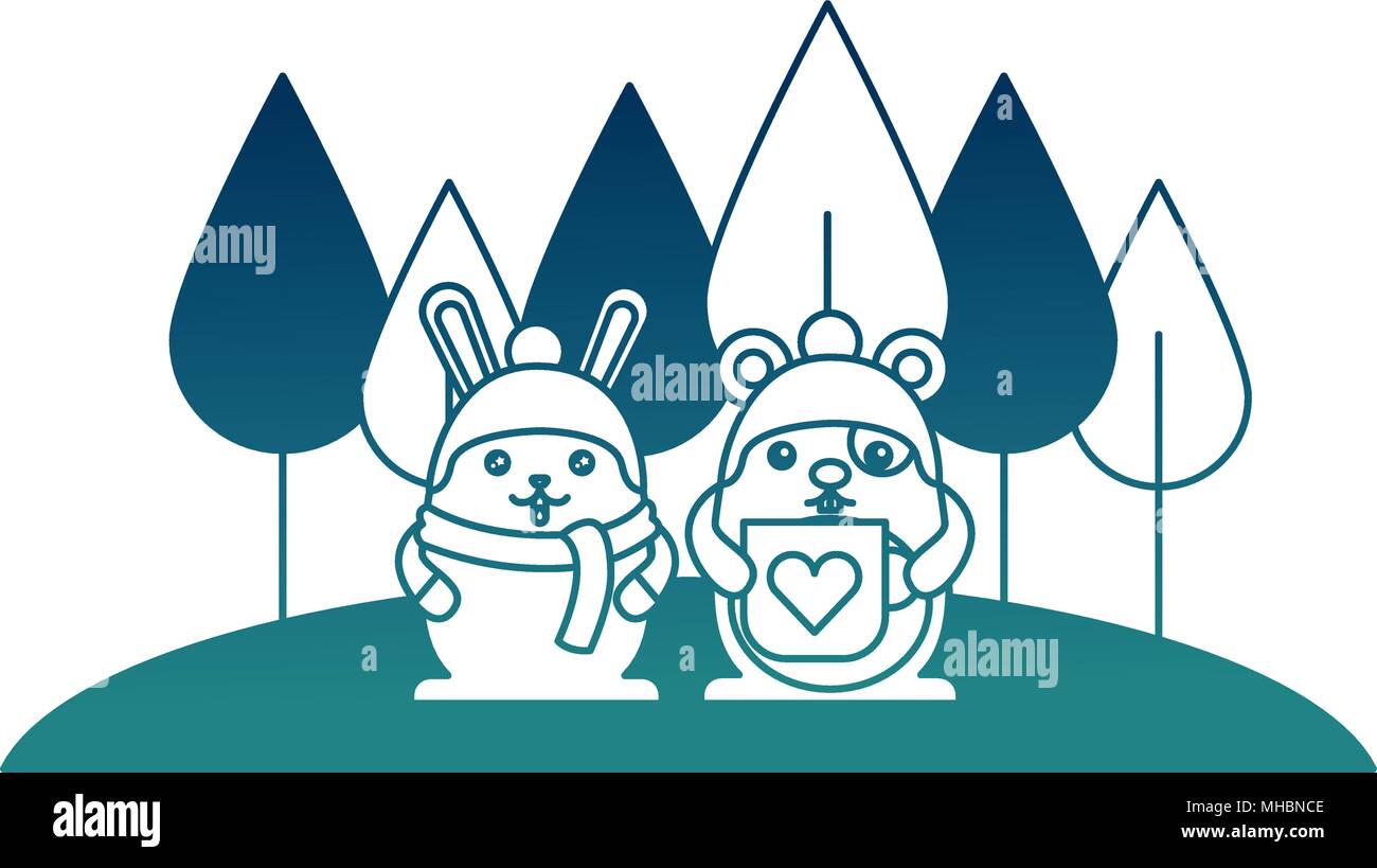 landscape with rabbit and mouse cartoon and coffee cup vector ...