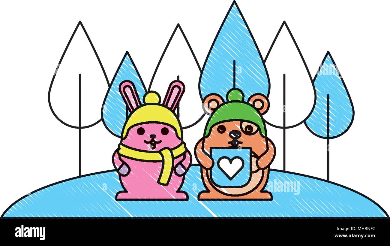 landscape with rabbit and mouse cartoon and coffee cup vector ...