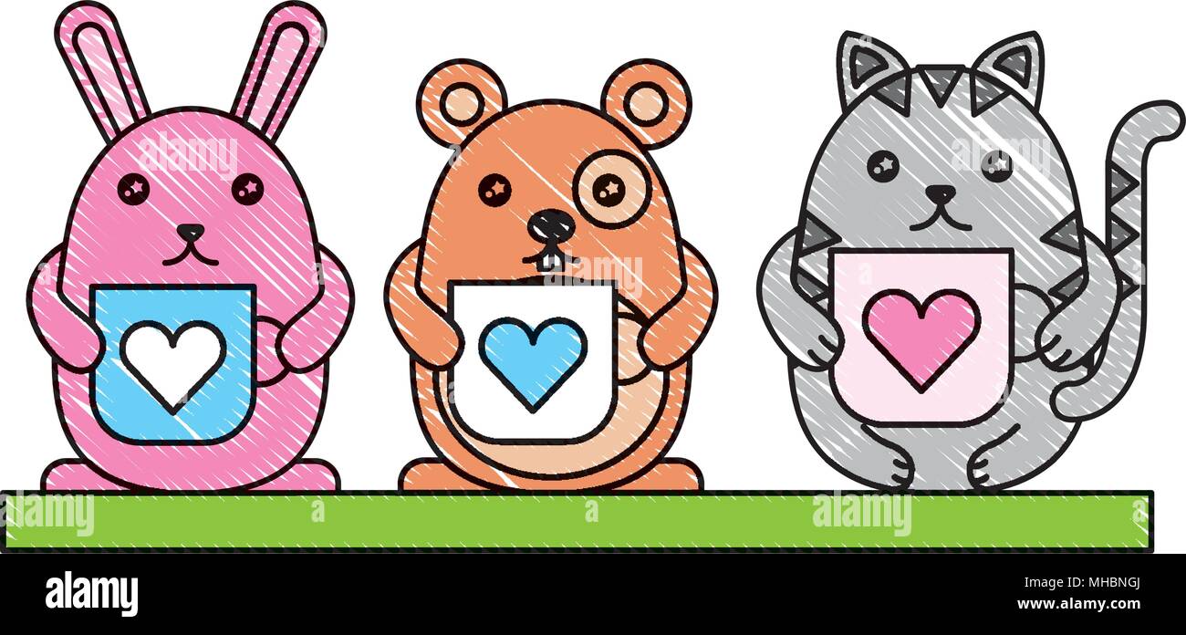 cute kawaii rabbit cat and mouse with coffee cups vector illustration ...