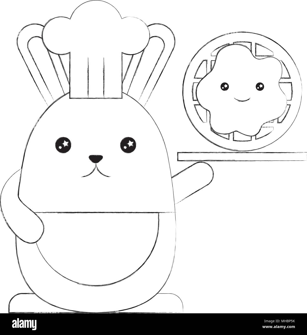 kawaii chef rabbit holding cookie cartoon vector illustration sketch ...