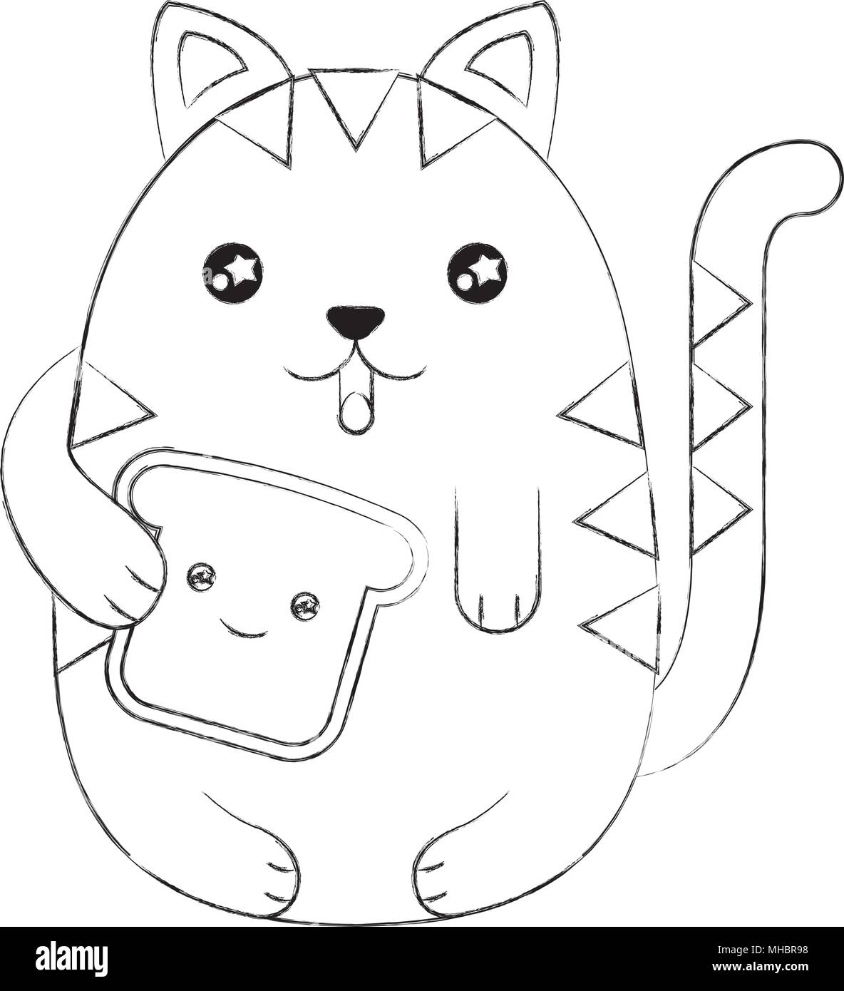 cute cat with bread toast slice kawaii character vector illustration ...