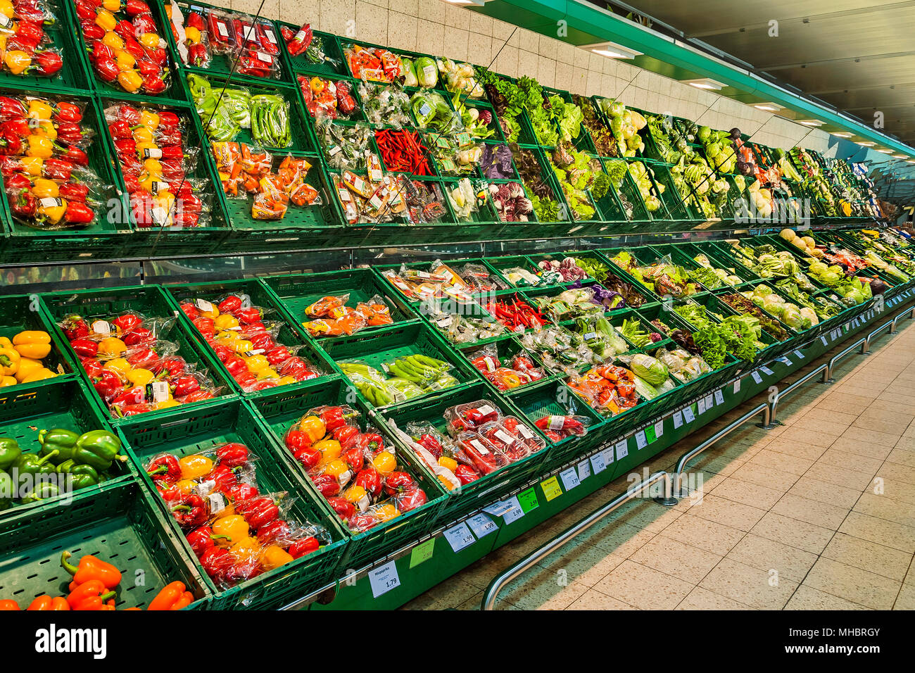 Shelf with packed vegetables in supermarket, Munich, Upper Bavaria ...