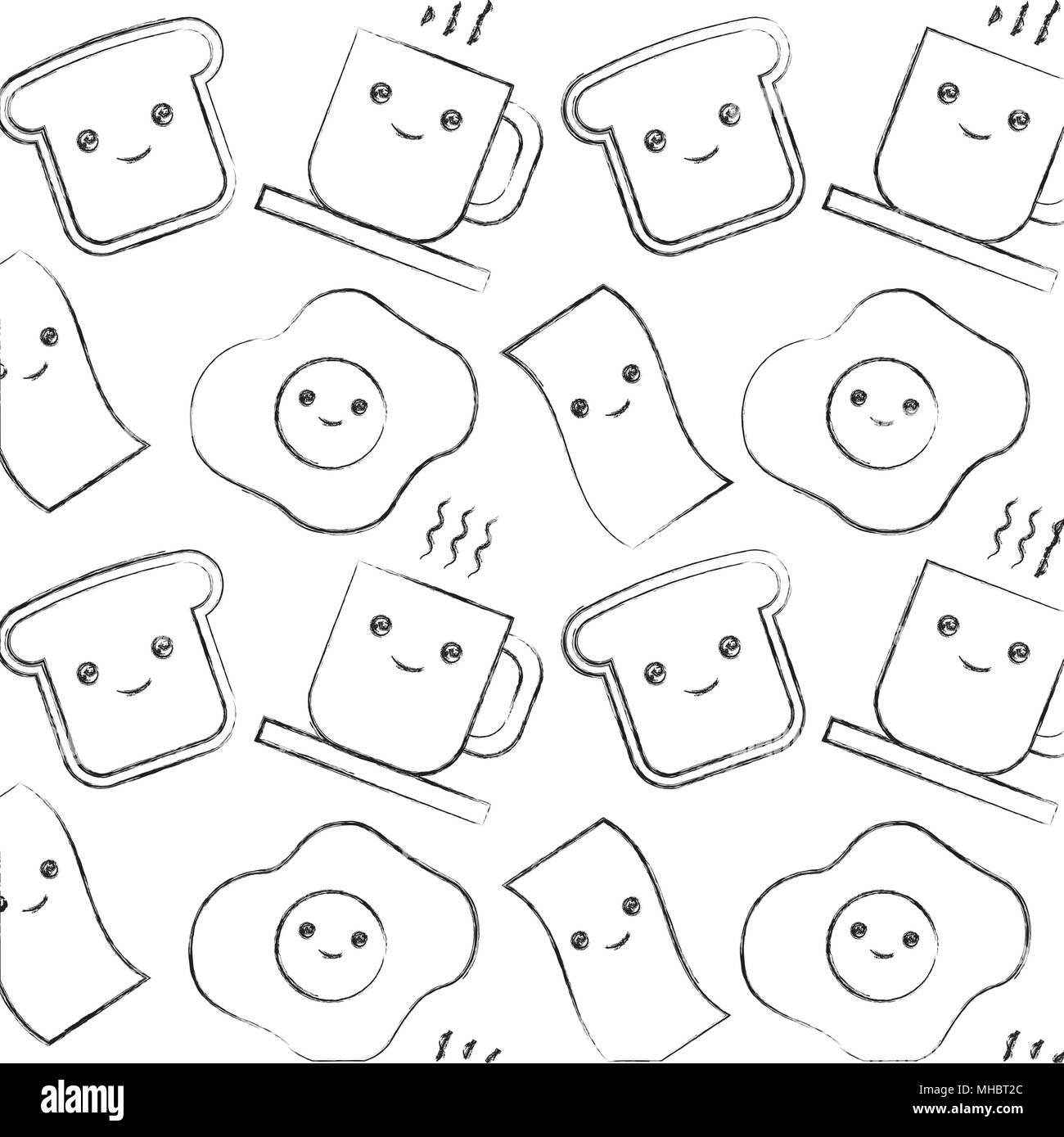 background kawaii bread bacon egg coffee breakfast vector illustration ...