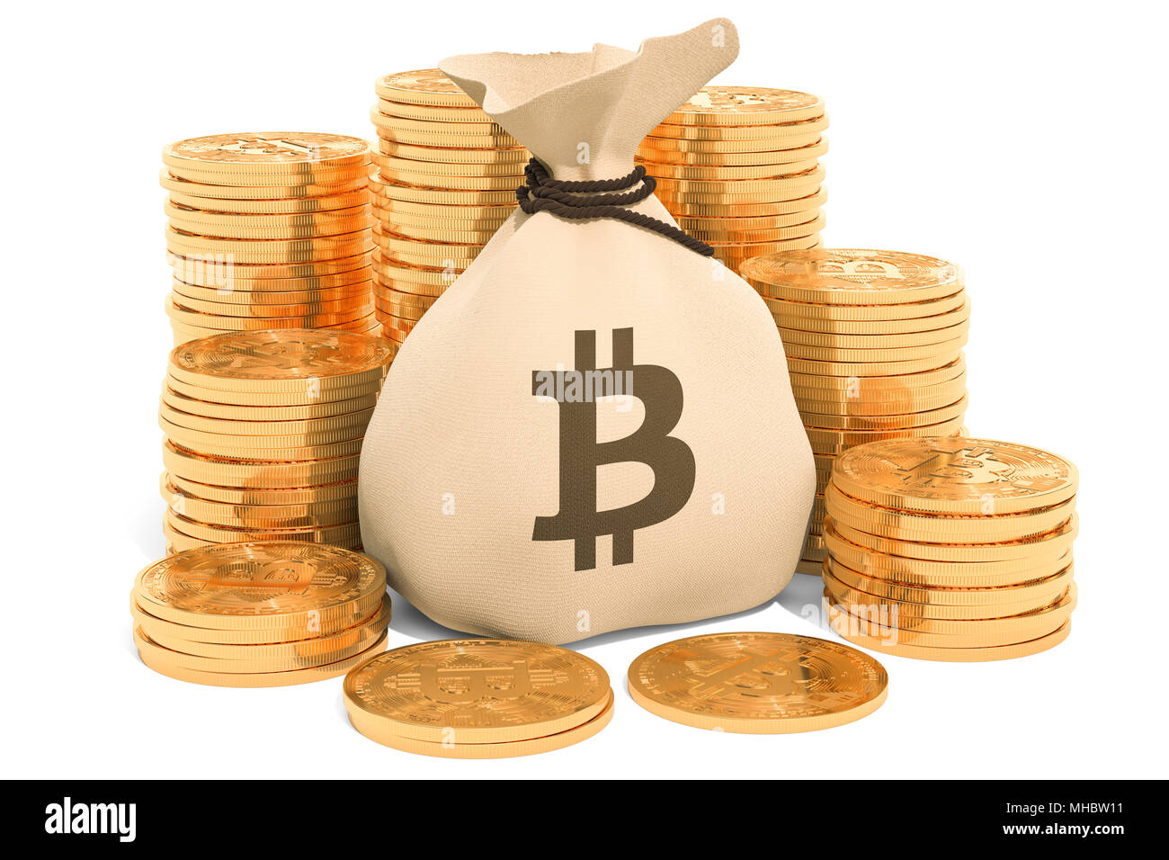 Sack with bitcoin symbol and golden coins around, 3D rendering isolated ...
