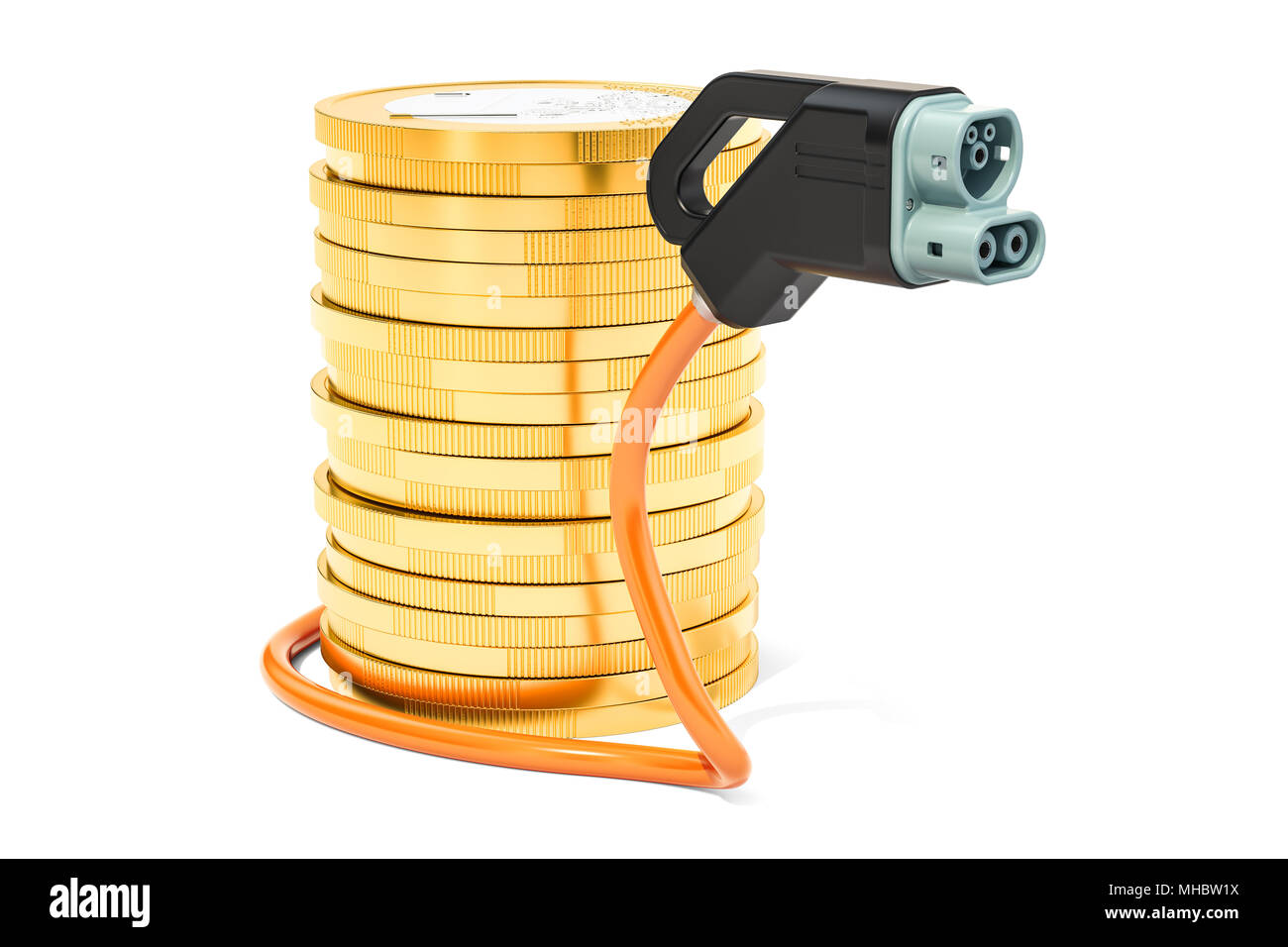 Stack of euro coins with electric car charging plug, 3D rendering ...