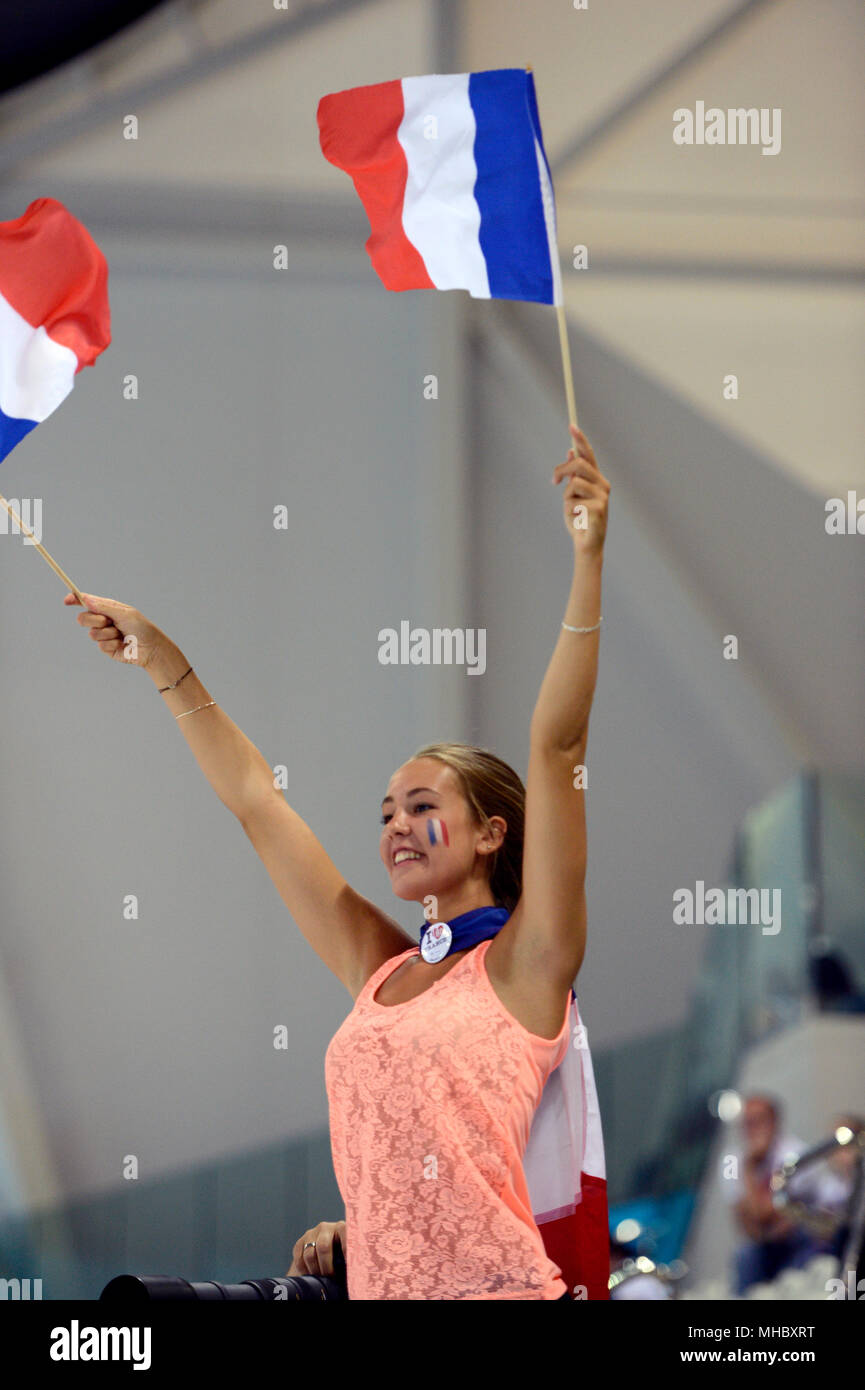 A young french fan at the Swimming venue at the London Olympics Stock ...