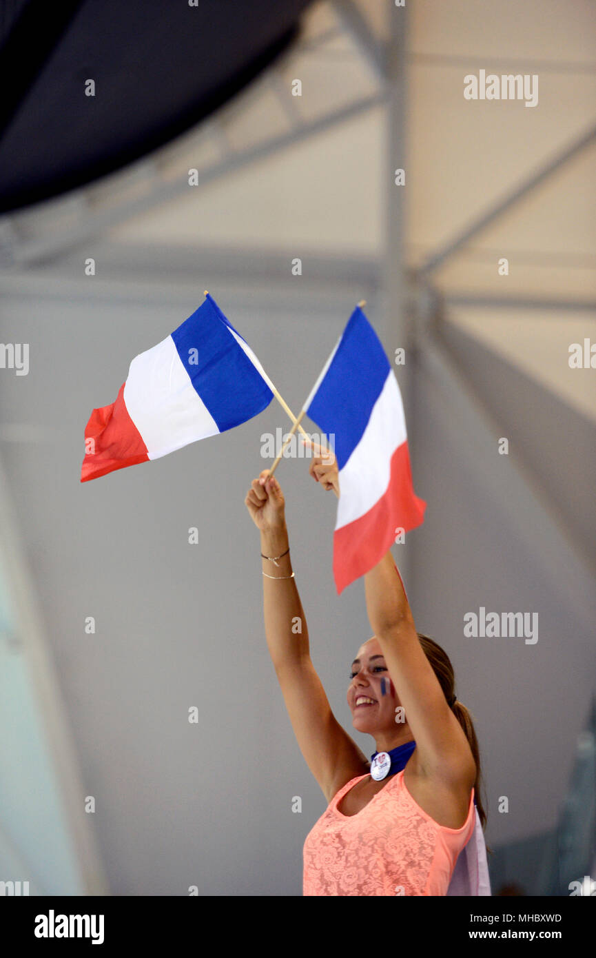 A young french fan at the Swimming venue at the London Olympics Stock ...