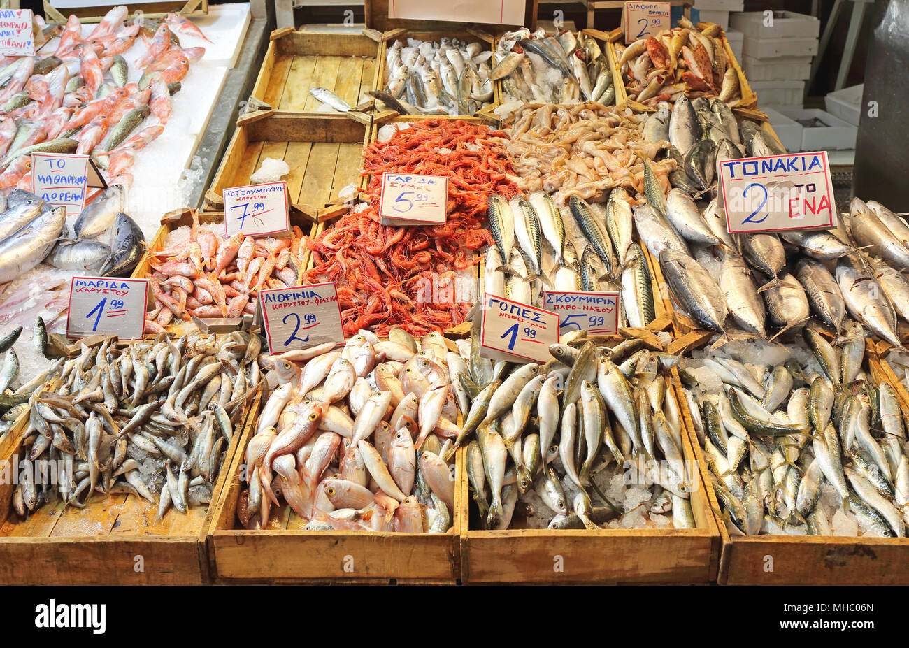 Fishes and Shrimps at Fish Market in Greece Stock Photo - Alamy