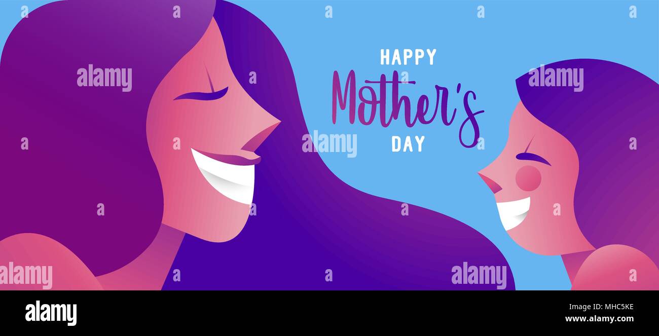 Happy Mothers Day illustration, beautiful mom face smiling with little ...