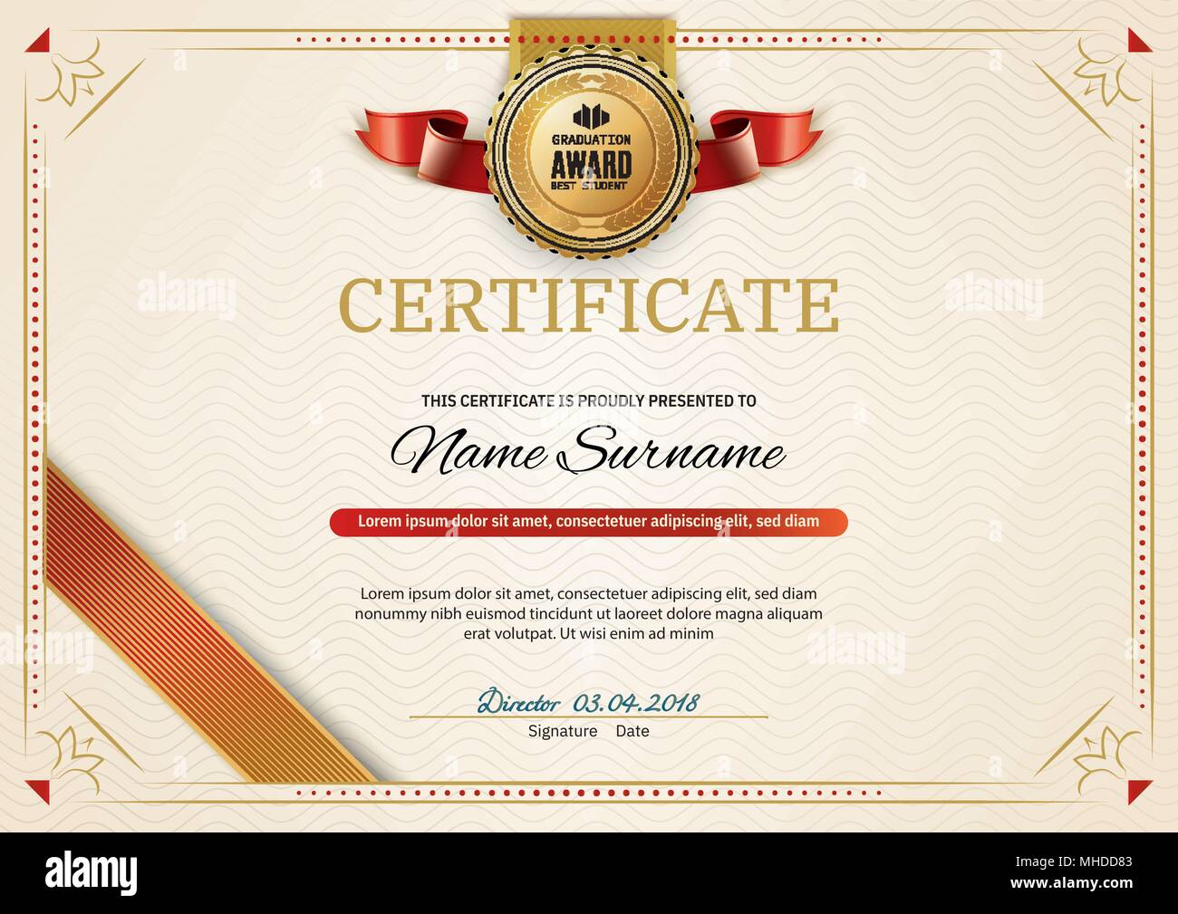 Official retro certificate with red gold design elements. Red ribbon ...