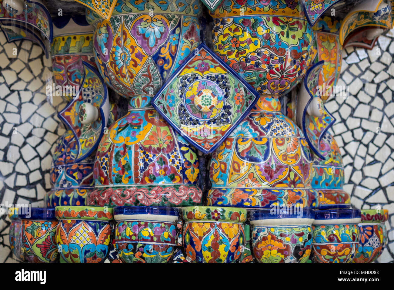 Mexican talavera style pottery used in altar and fountain. This ...
