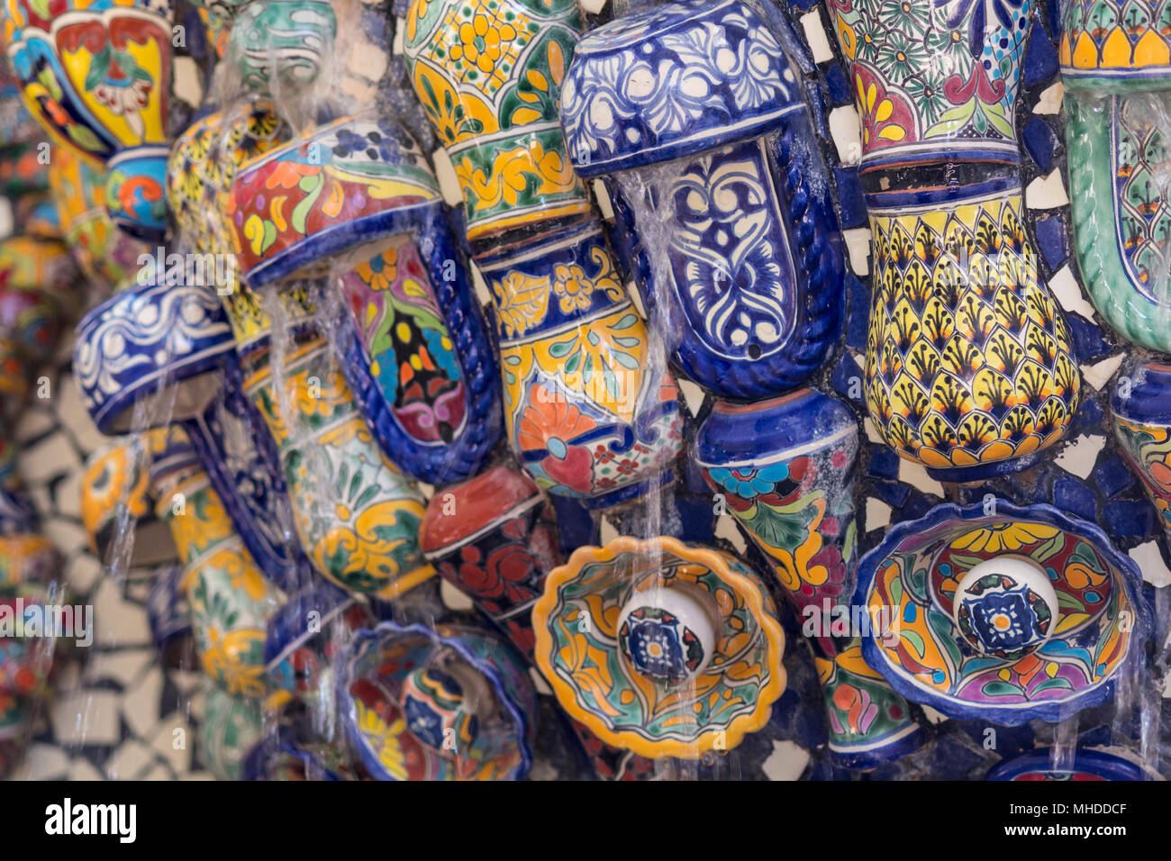 Mexican talavera style pottery used in altar and fountain. This ...