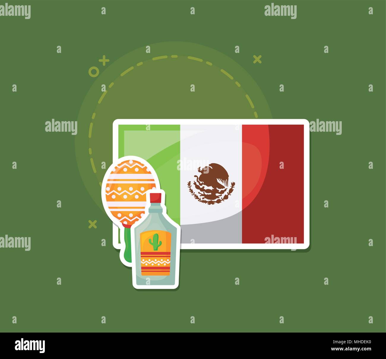 Mexican flag with tequila bottle and maracas over green background ...