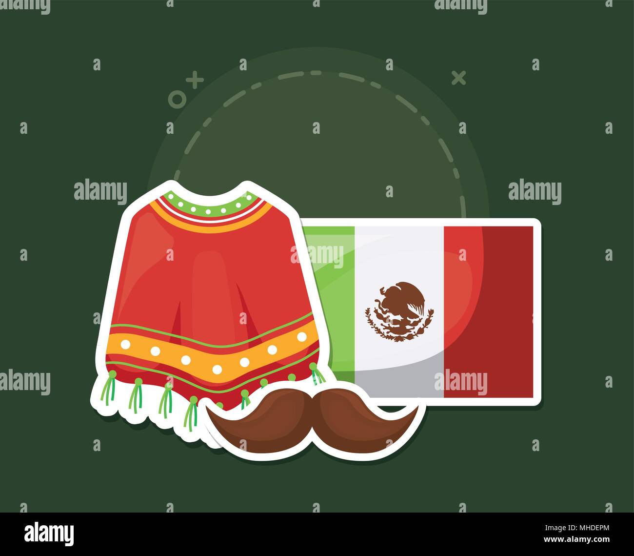 Mexican flag with poncho and mustache over green background, colorful ...