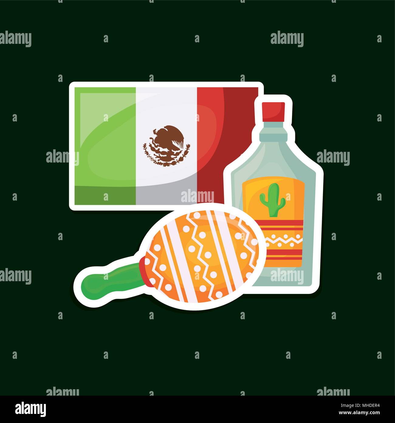 Mexican flag with tequila bottle and maracas over green background ...
