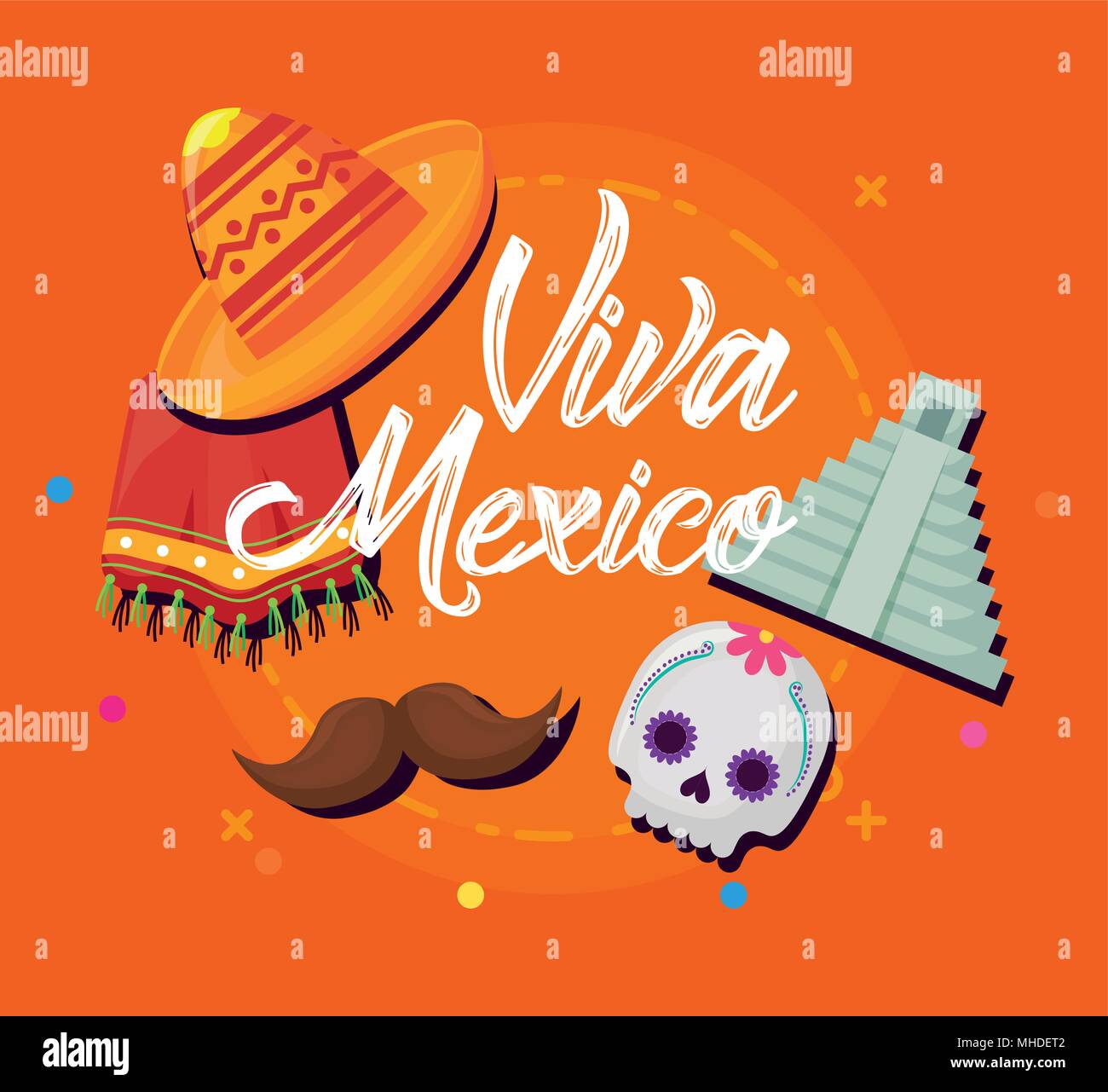 Viva mexico design with mexican pyramid and related icons over orange ...