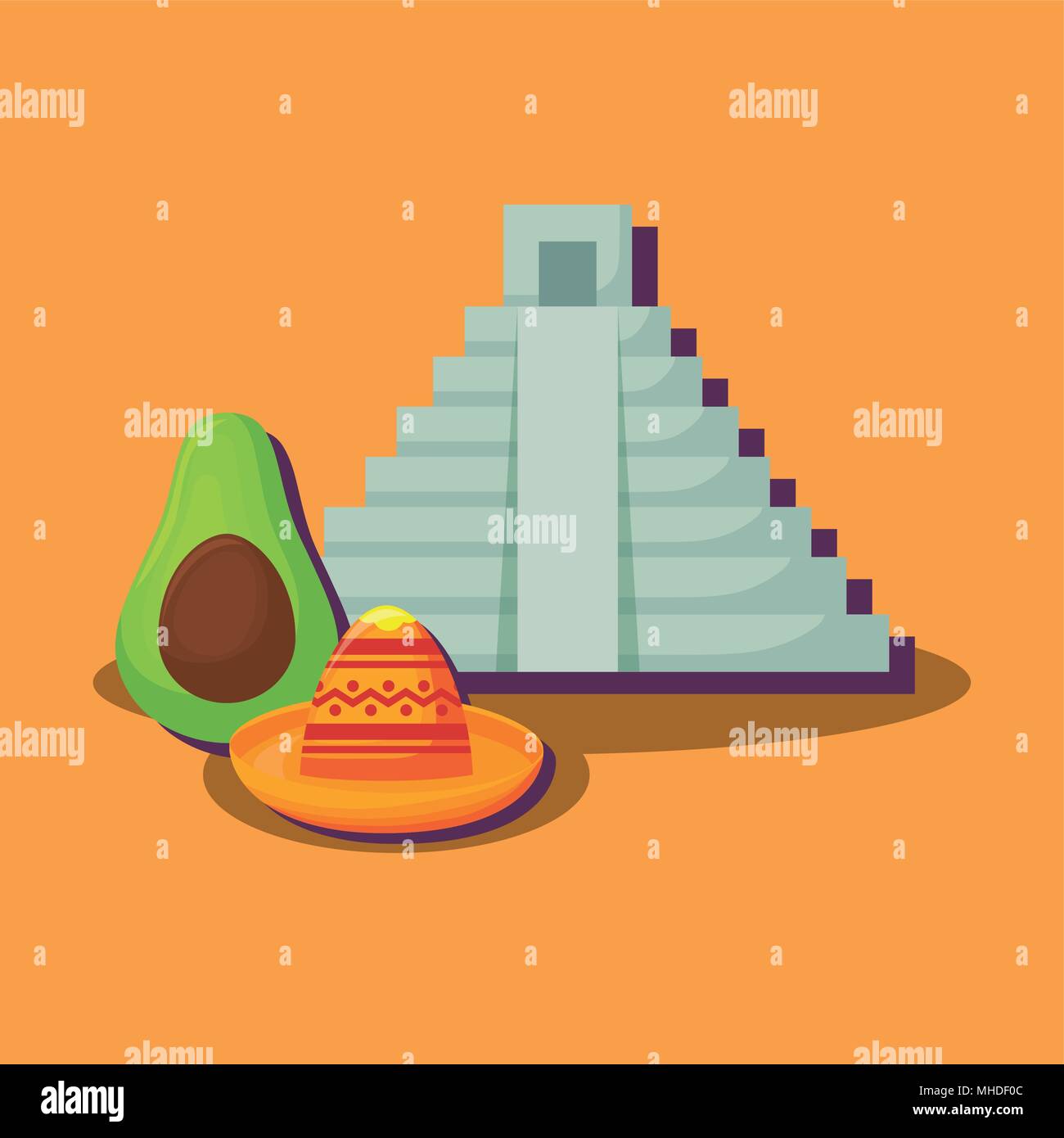 Mexican pyramid with avocado and hat over orange background, colorful ...