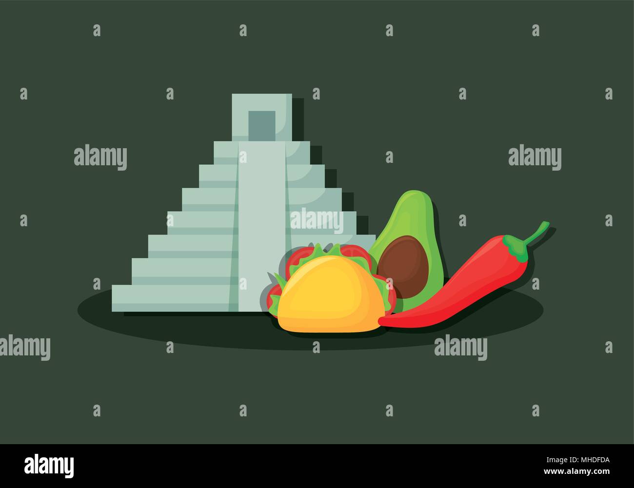 Mexican pyramid and mexican food related icons over green background ...