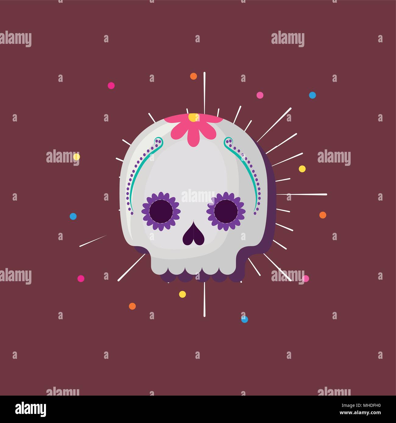 Sugar skull icon with colorful dots around over brown background ...