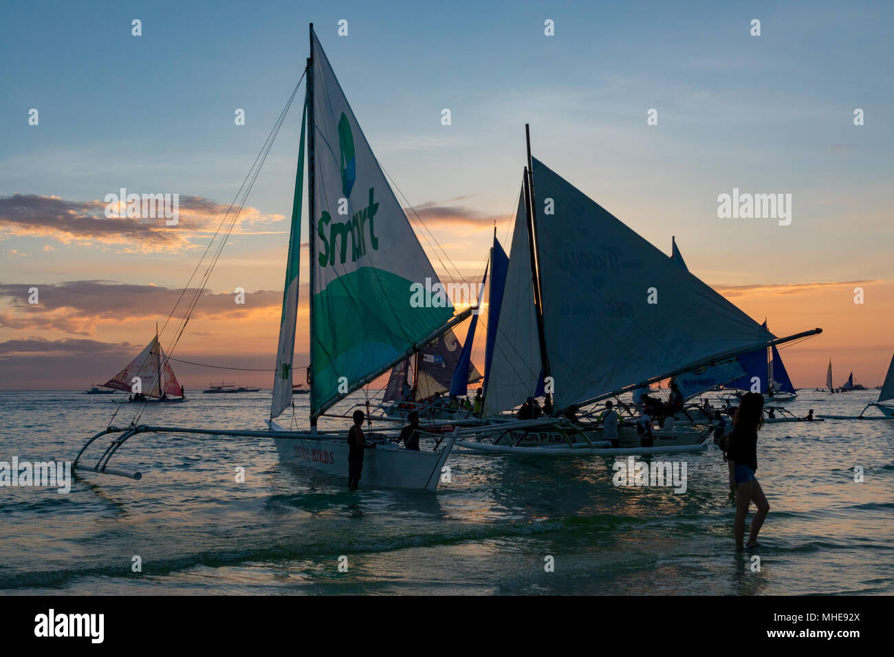 Boracay Philippines April 06, 2018 Sailing boats on White Beach at ...