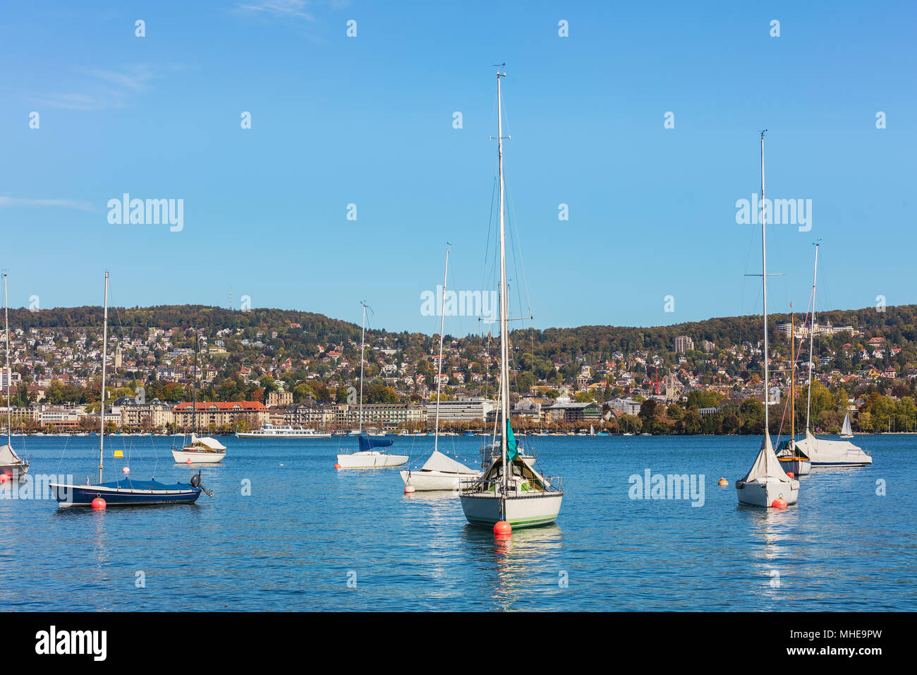Boats on Lake Zurich in Switzerland - view from the city of Zurich at ...