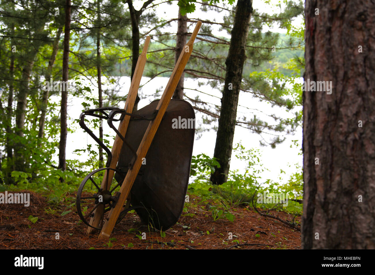 Vintage wheelbarrow lwith wooden handles eaning on a tree near a lake ...