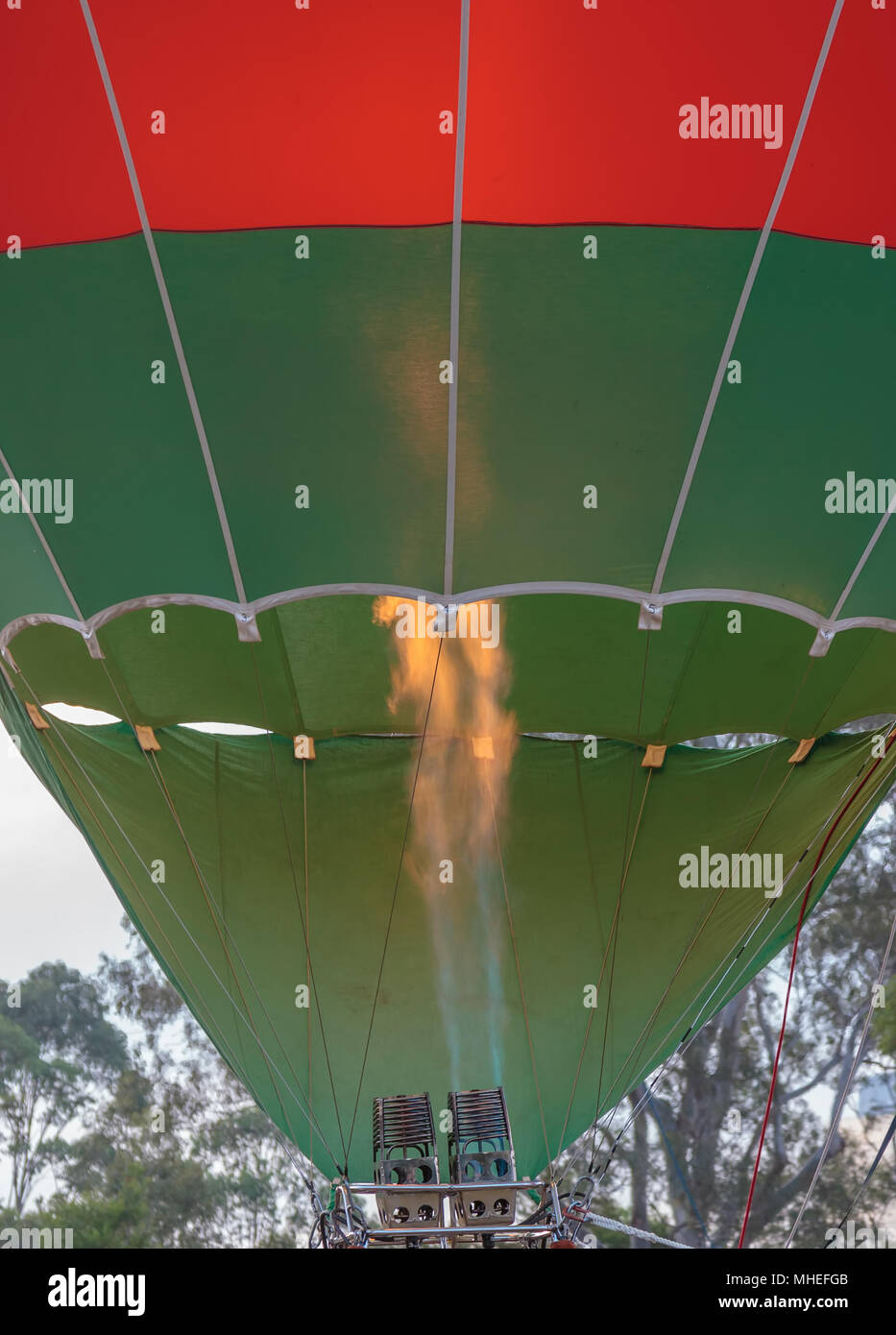 A hot air balloon with the flame heating up the air Stock Photo - Alamy