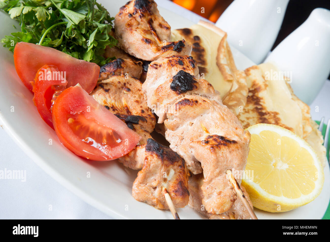 A traditional Turkish dish of Chicken shish kebab, tavuk şiş kebap ...