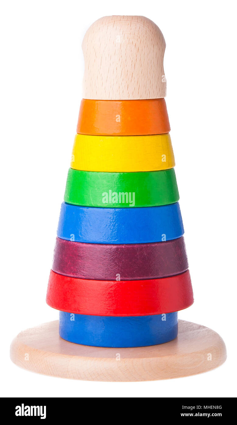 Baby toy. Learning child wood color pyramid toy Stock Photo - Alamy