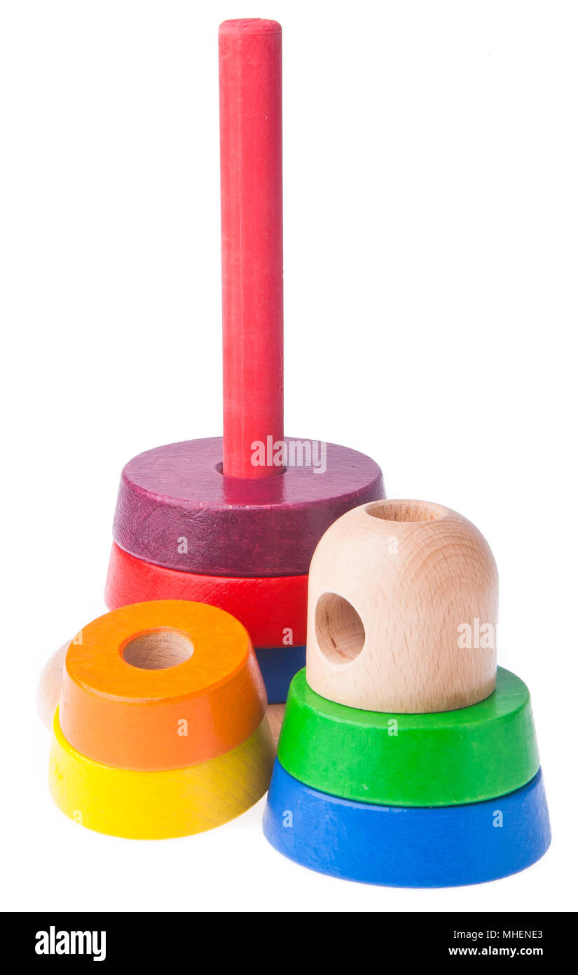 Baby toy. Learning child wood color pyramid toy Stock Photo - Alamy