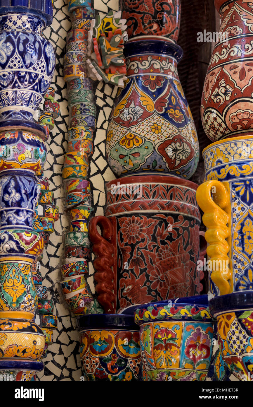 Mexican talavera style pottery used in altar and fountain. This ...