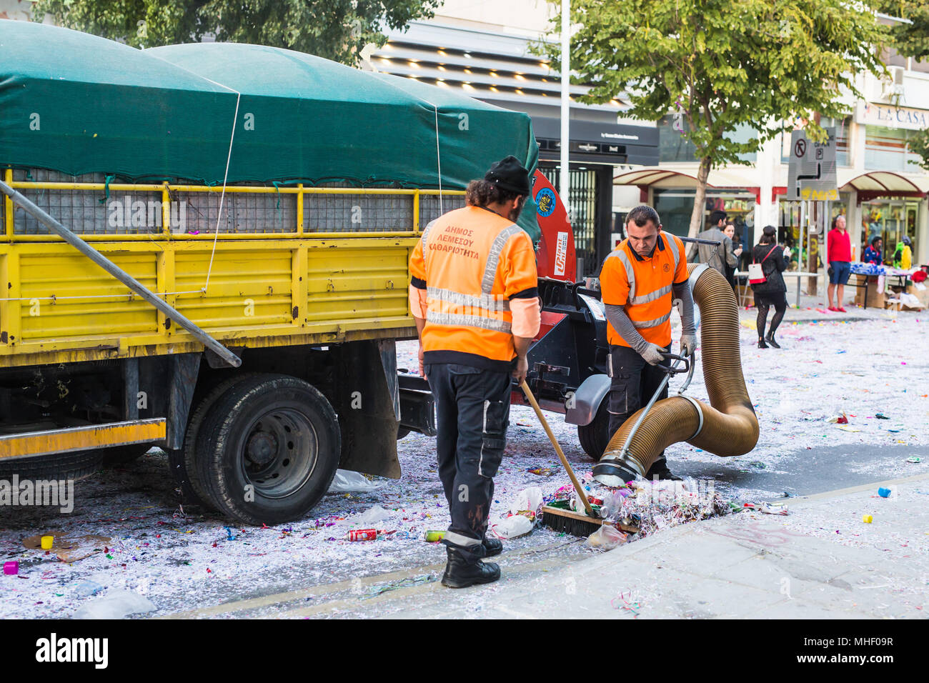 Street sweeper machine cleaning the street after a carnival party Stock ...